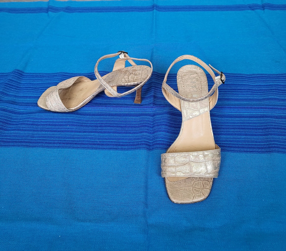 Vintage Women Golden Beige Leather Croc Sandals Heels Strappy Shoes 5 12 Uk Size Made In