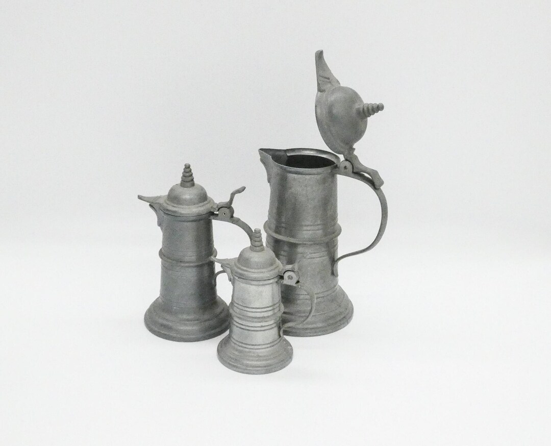 Vintage Timeless Trio Set of 3 Old German Pewter Tankards / Lidded Jugs ...