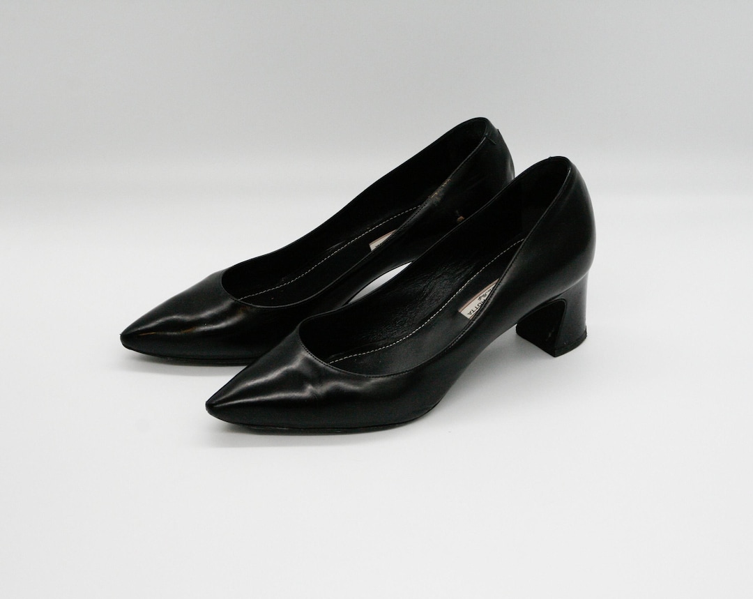 Leather Black Pumps With Pointy Toe and Chunky French Heels Shoes for ...