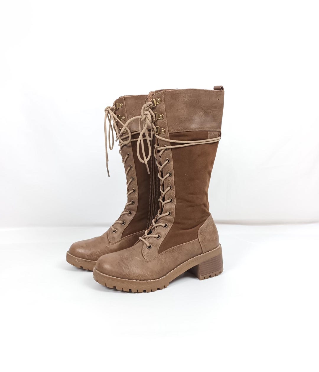Lace up Combat Booties: Cappuccino Brown Faux Leather Ankle Boots (size ...