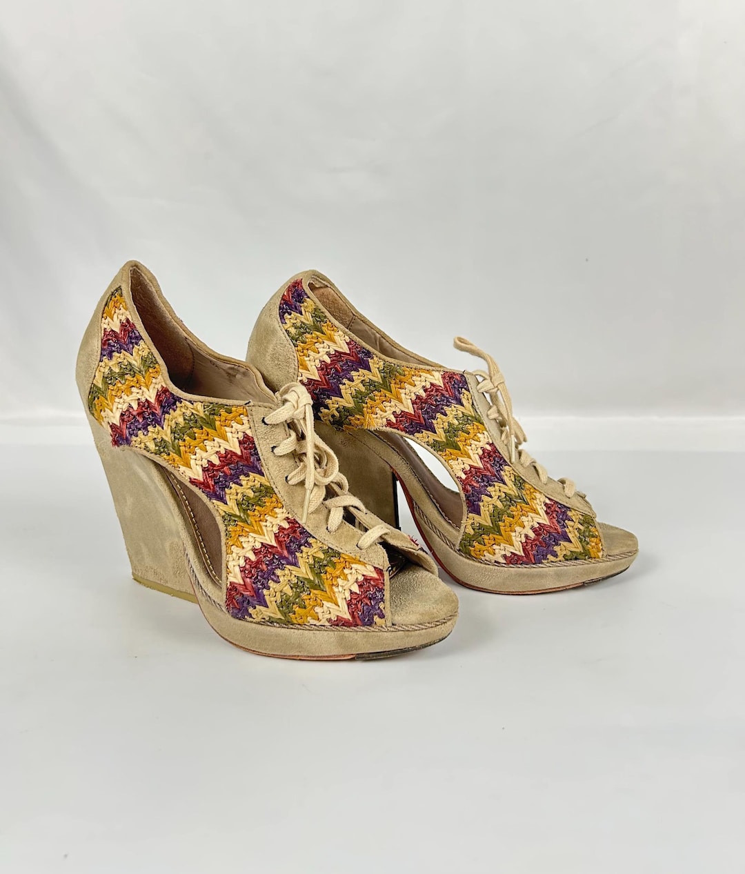 Vintage Woven Suede Wedge Sandals: Colorful Boho Platform Shoes (EU40 ...