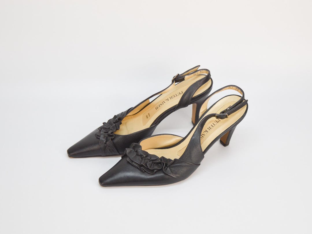 Vintage Leather Slingback Heels in Black Ruffled Detail Pointed Toe ...