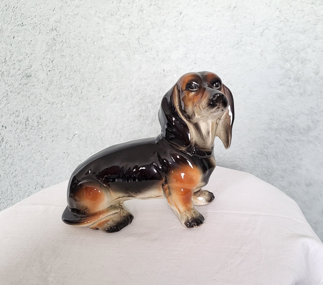 Vintage Dachshund Dog Ceramic Figurine Black and Brown Color / Large Statue From Germany Mid ...