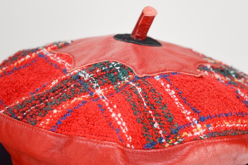 Vintage Tartan and Leather Beret Hat for Women / Plaid Embellished ...
