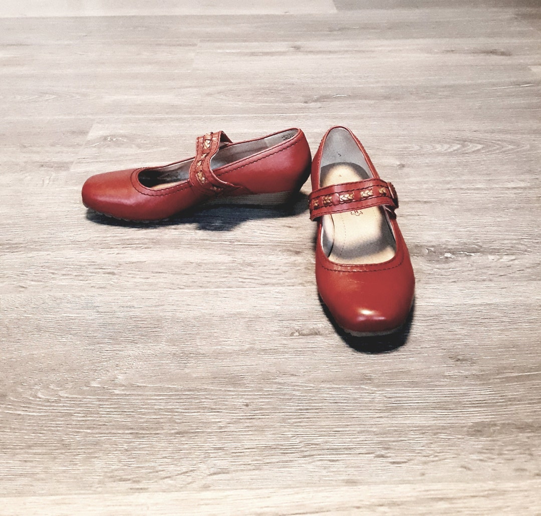 Vintage Women Red Leather Wedge Strap Shoes European German 4 - Etsy