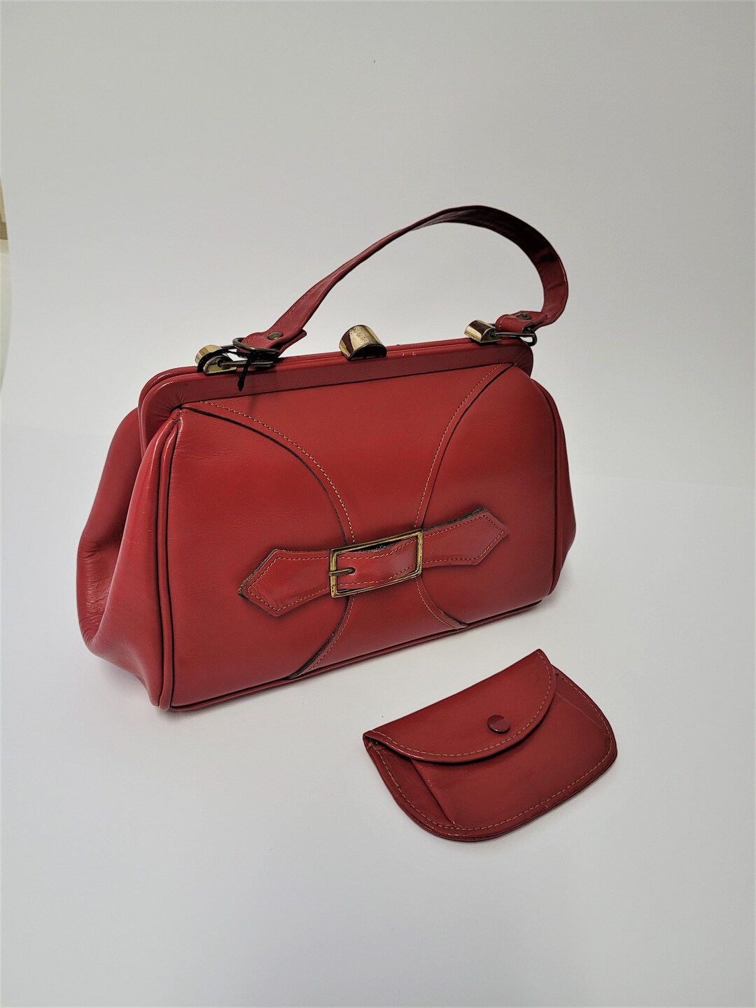 Vintage Red Handbag Retro Purse 80s Vegan Leather Bag With Wallet Made ...