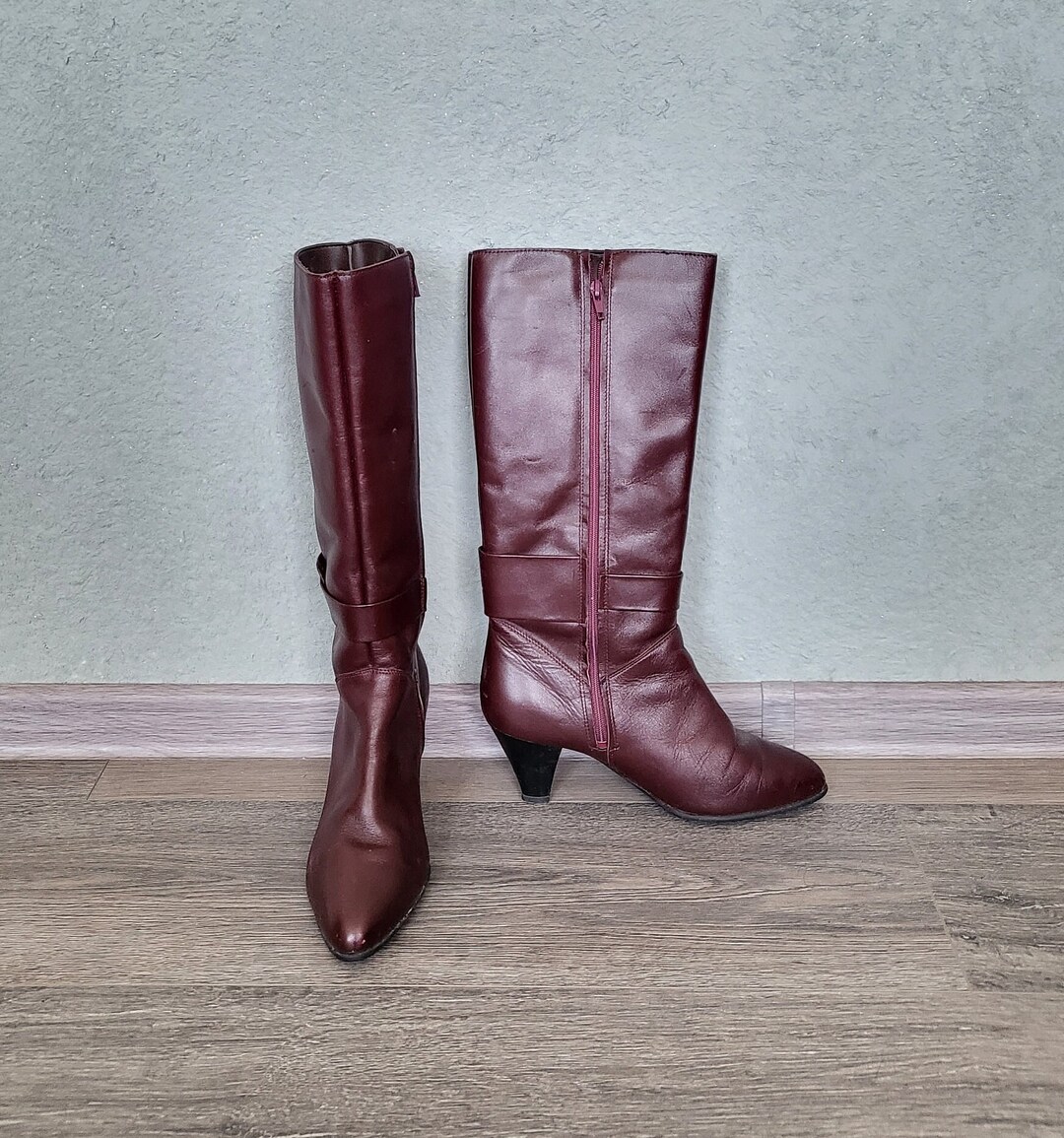 Vintage Women Mahogany Red Leather Knee Tall Boots / EU Size 38 ...