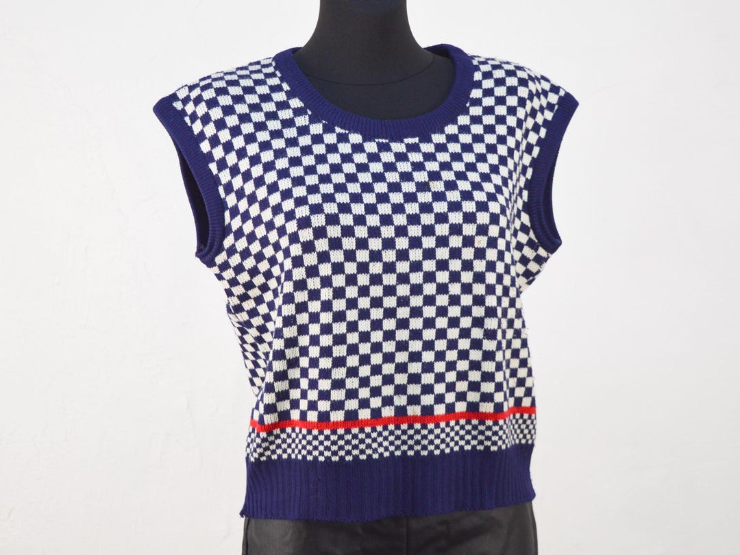 Vintage Checkered Vest in Navy Blue and White | Retro Chessboard ...