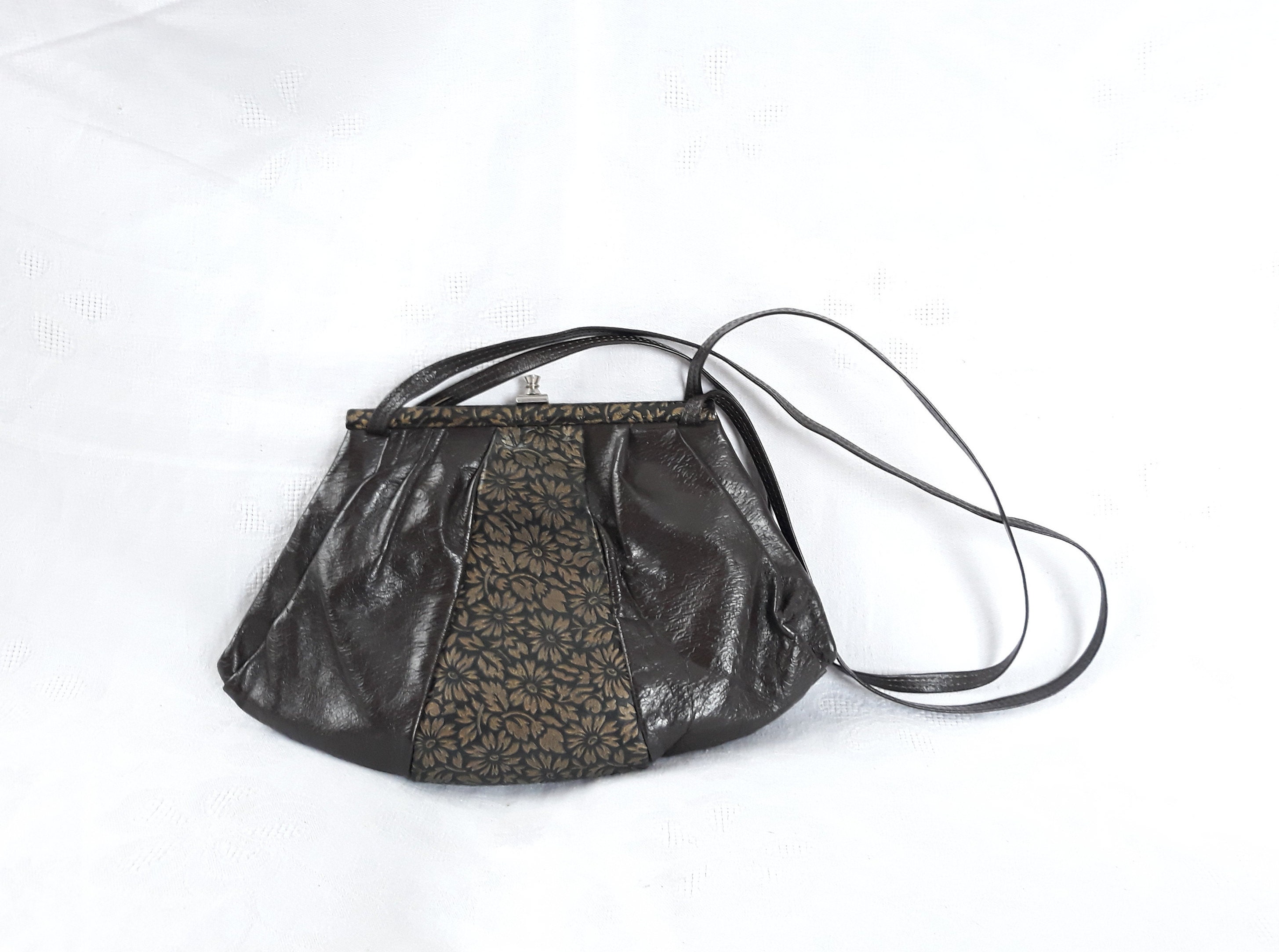 Vintage shoulder bag 80s purse choco brown gold floral vegan | Etsy