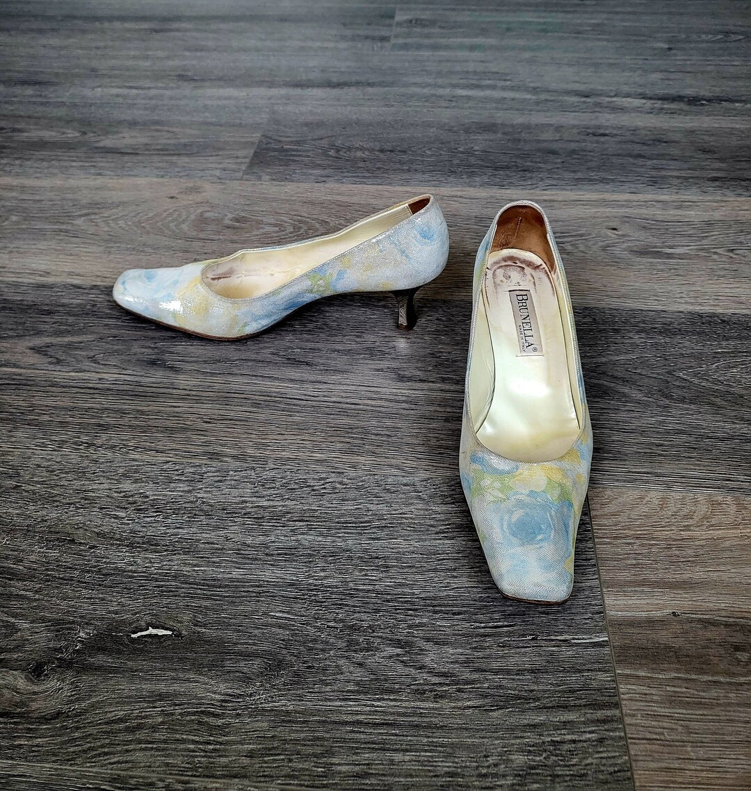 Vintage Colorful Women 90s Pumps / Square Toe Floral Shoes/ Silver ...