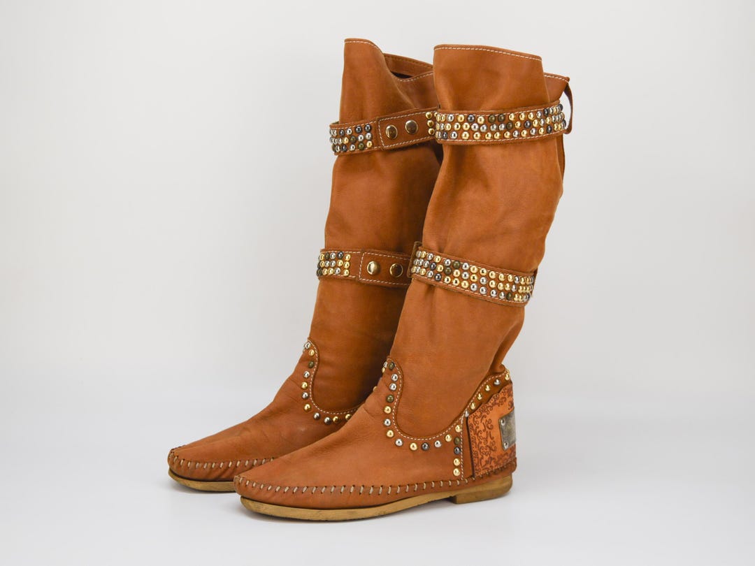 Vintage Leather Knee High Boots in Tan Brown | Boho Western Flat Pull ...