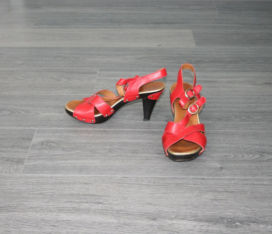 Vintage Red Strappy Leather Sandals Heeled Shoes Size 39 EU - Etsy