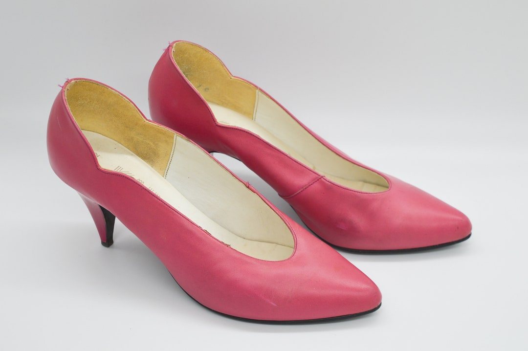 Vintage Fuchsia Pink Leather Pumps: Pointy Toe Kitten Heels, UK 7 - Etsy