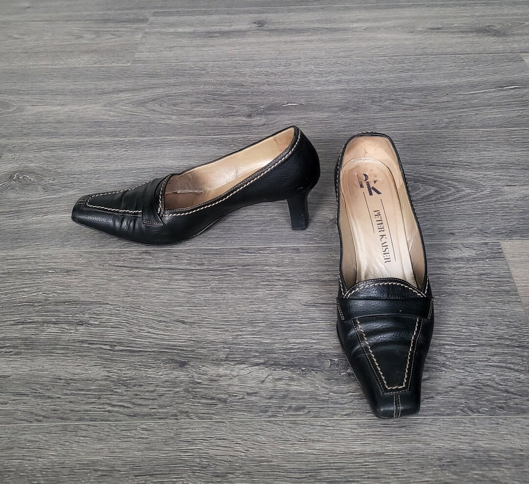 Vintage Black Leather Y2k Pumps Chunky Heels Square Toe Women Size UK 5 ...