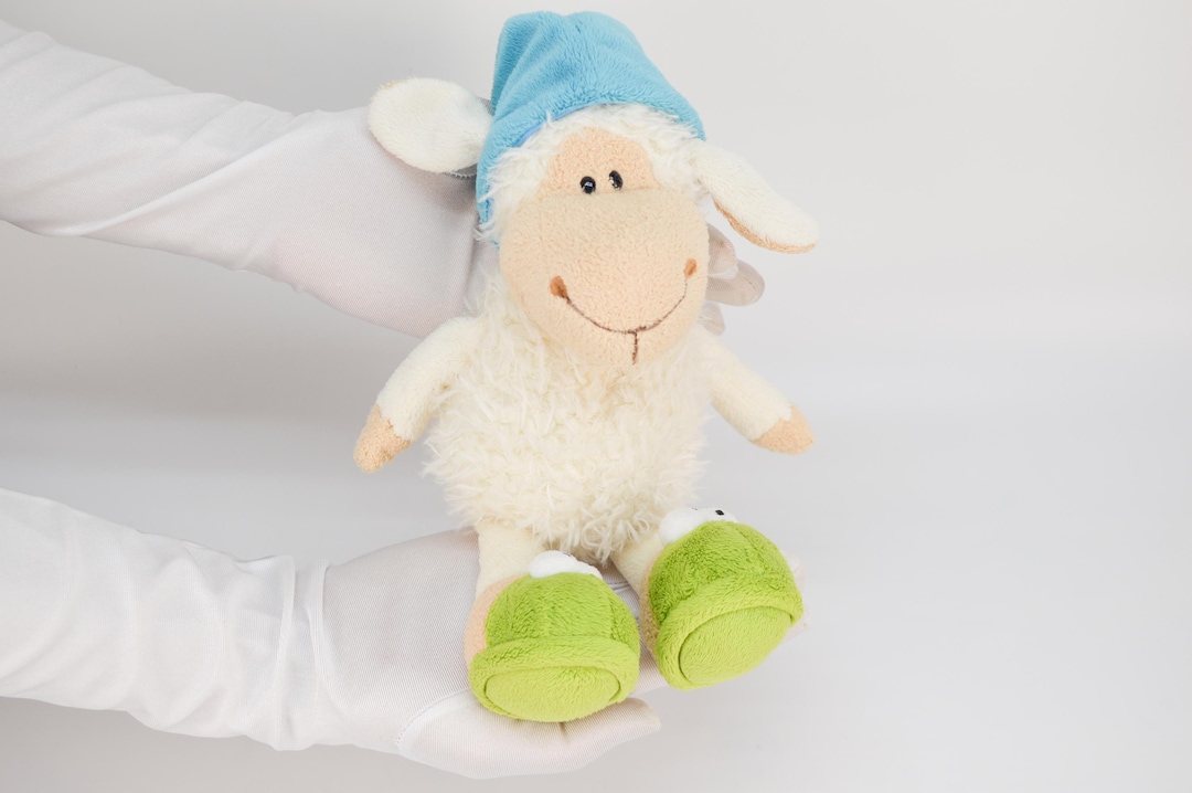 Sleepy Sheep Plush Toy in White, Blue and Green | Soft Cuddly Toy ...
