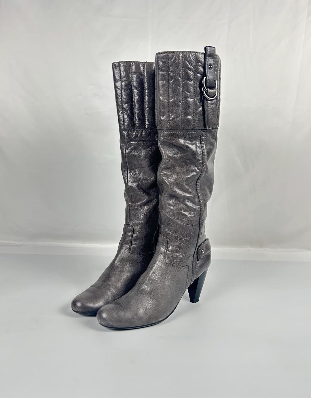 Vintage Leather Knee High Boots: Gray Cone Heel, UK Size 7 - Etsy