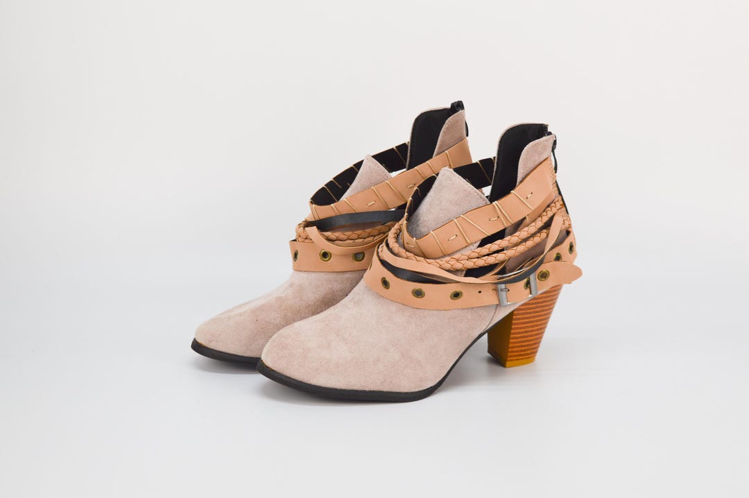 Vintage Suede Ankle Boots: Beige Boho Strappy Booties (EU 39 / US 8) - Etsy