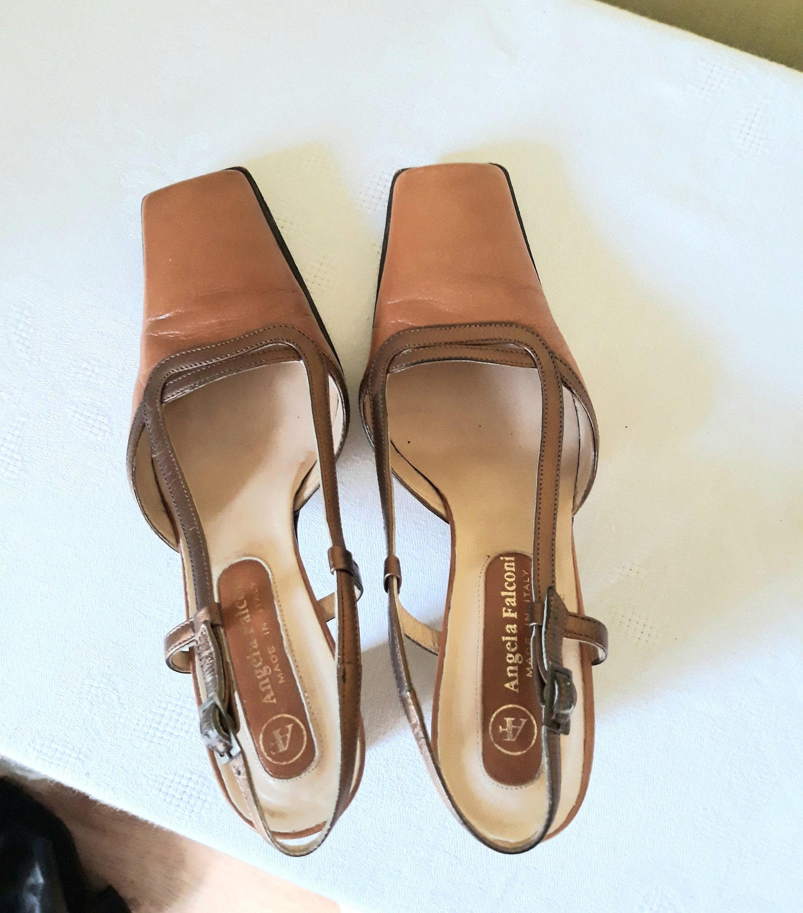 Vintage Brown Leather Women Slingback Shoes Square Toes Block | Etsy