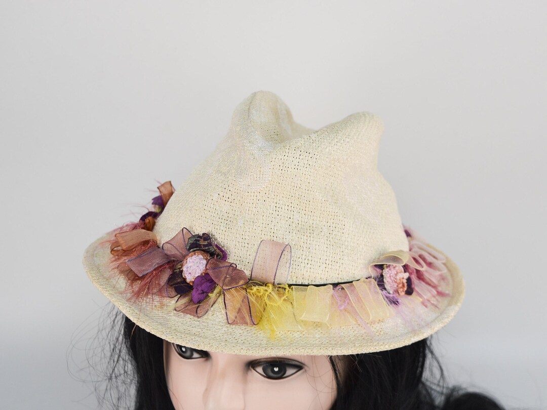Vintage Canvas Fedora Hat in Beige | Colorful Ribbons Tassels ...