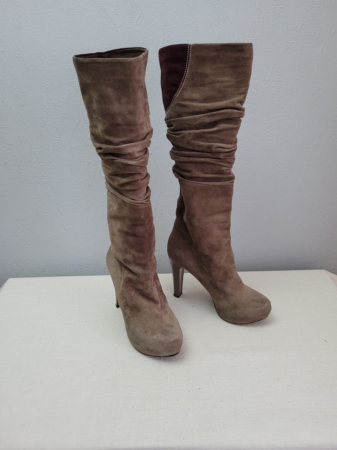 Vintage Brown Suede Slouch Knee Boots With Creased Design for Women ...