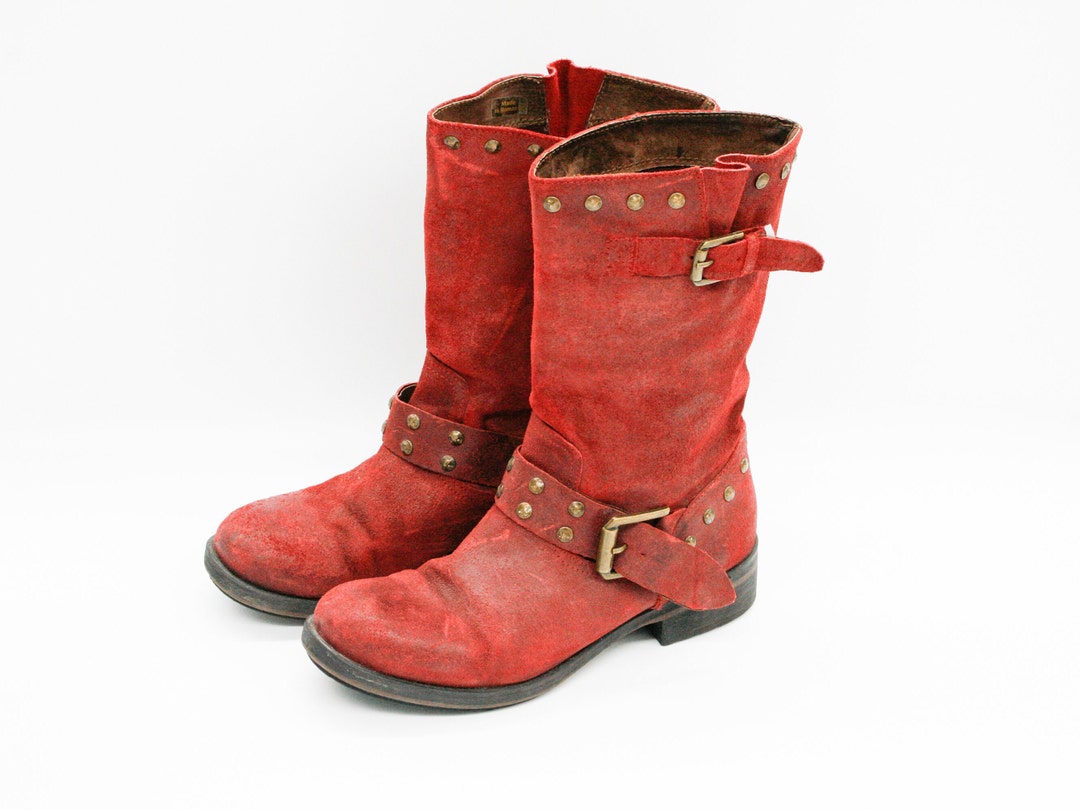 Vintage Leather Ankle Boots in Beet Red | Pull on Low Heel Boot for ...