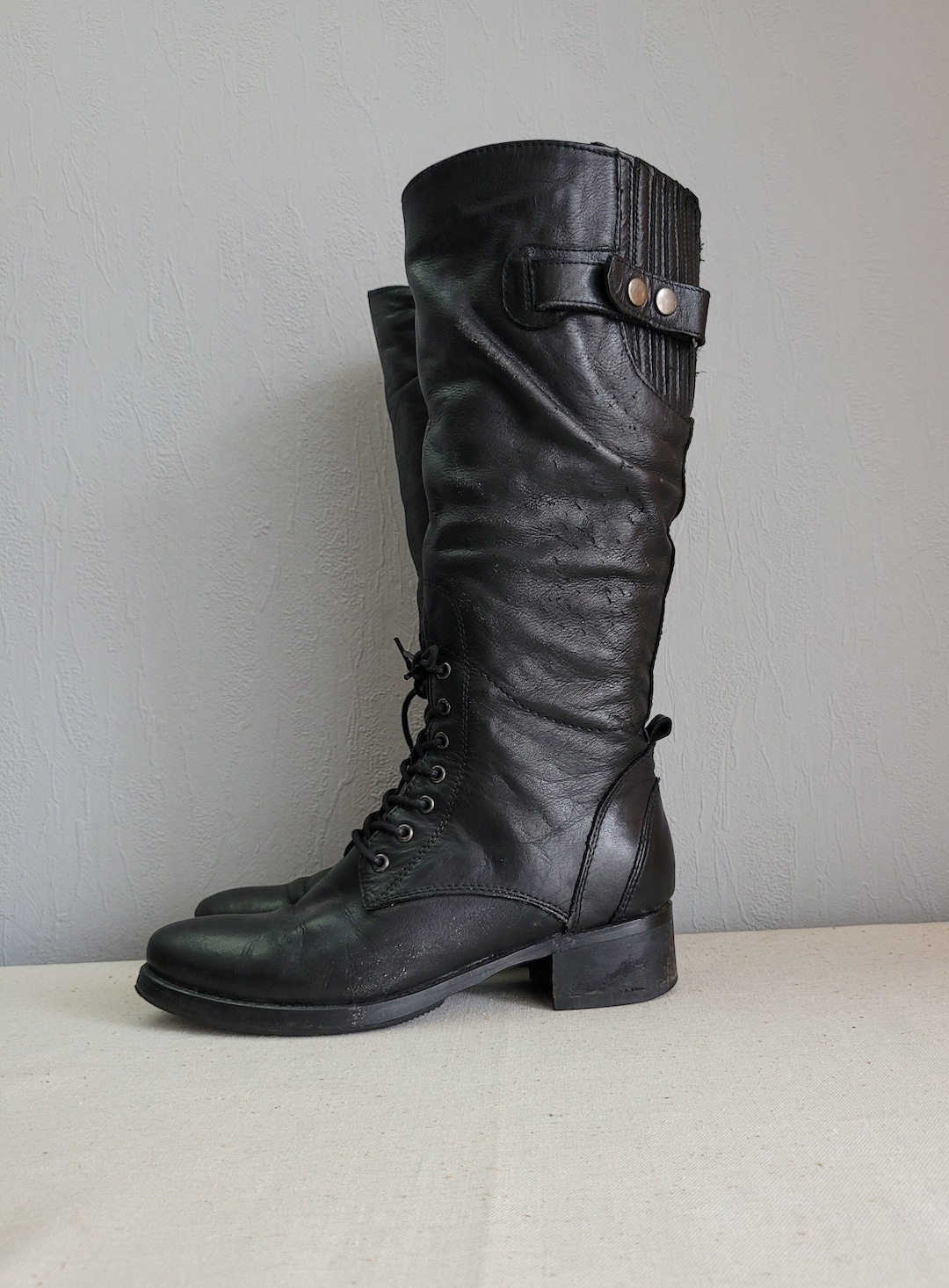 Distressed Leather Knee Combat Boots in Black Lace up and Zipped Low ...
