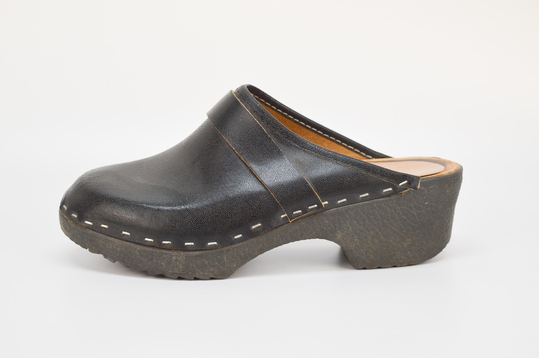 Vintage Leather Swedish Women Clogs in Black | Wood and Rubber Sole ...