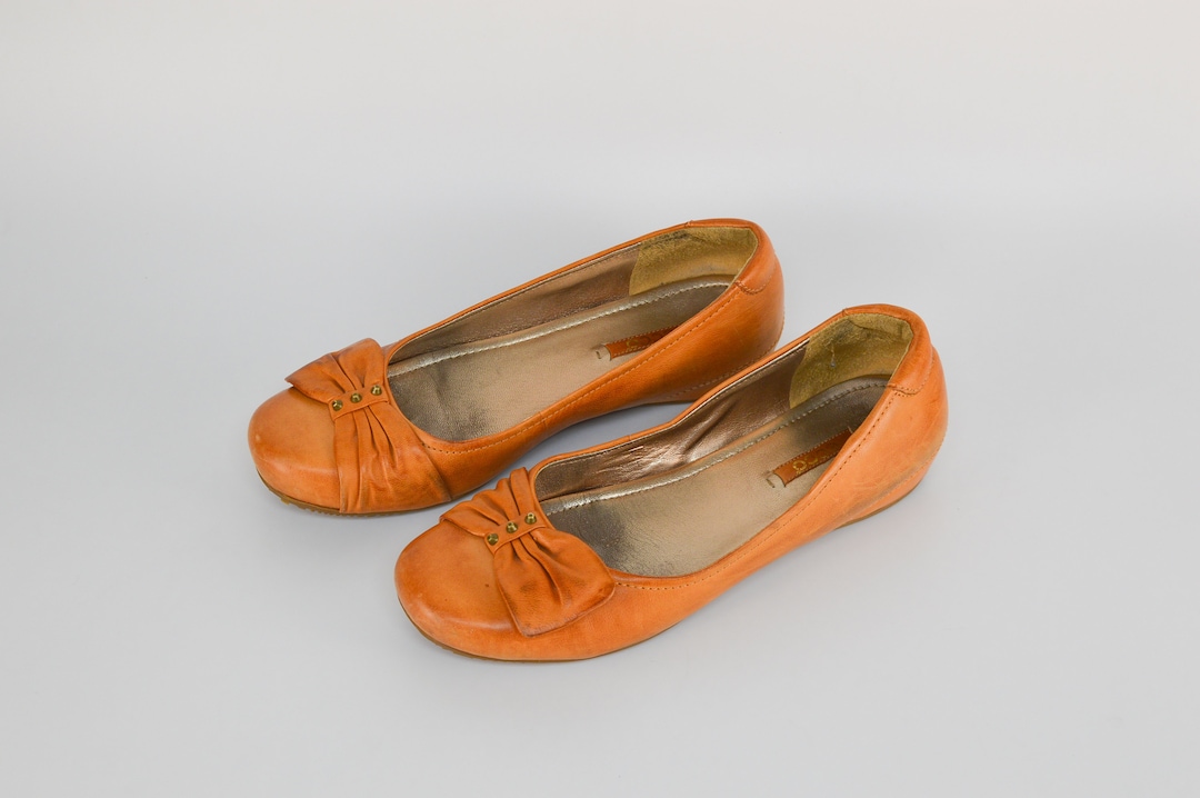 Vintage Leather Bow Orange Flats With Round Toe Flat Slip on Pumps ...