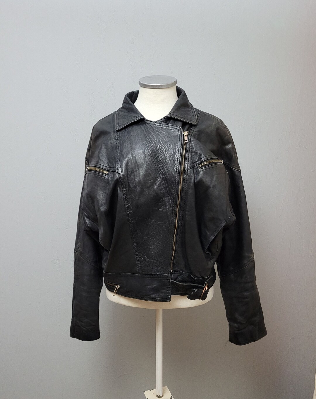 Vintage Black Leather Punk Rock Women Jacket / Motorcycle Batwing Biker ...