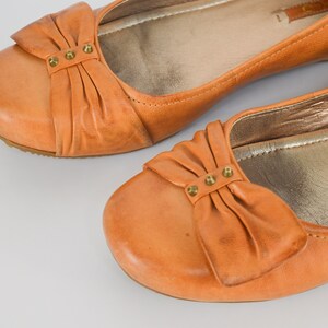 Vintage Leather Bow Orange Flats With Round Toe Flat Slip on Pumps ...