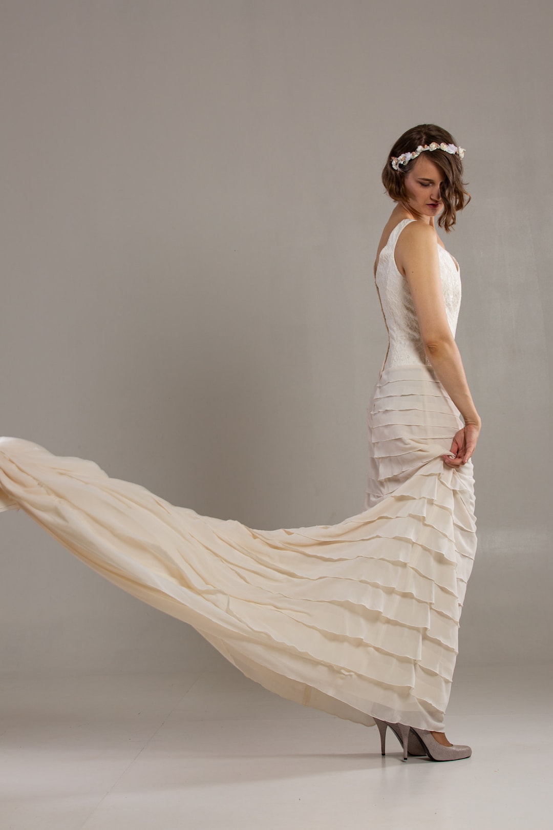 Lace Wedding Dress: Champagne Flounce Long Tail, Size S - Etsy