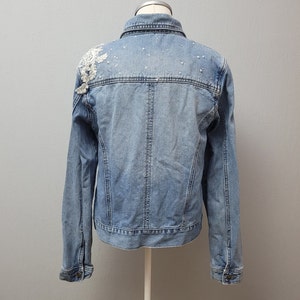 Beaded Blue Jean Denim Women Jacket / Button up Embellished Blazer Long ...