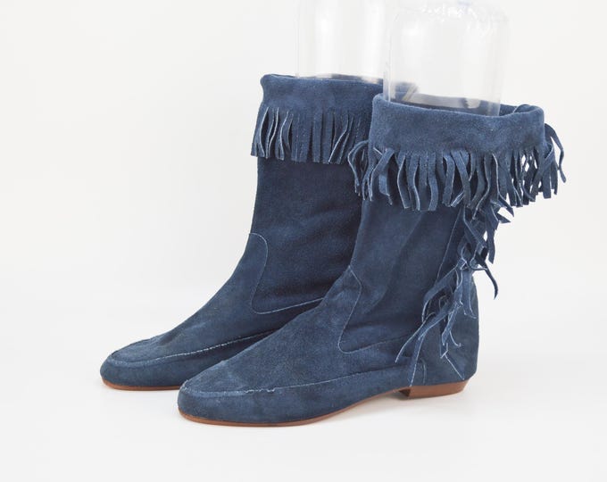 Vintage Suede Leather Fringe Boots in Navy Blue | Boho Plain Toe Low ...
