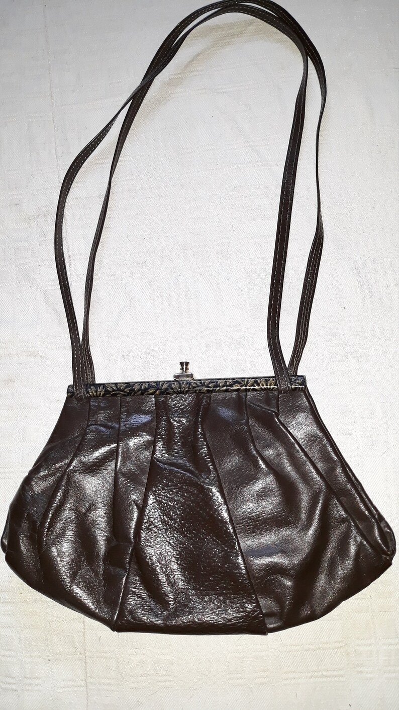 Vintage Shoulder Bag 80s Purse Choco Brown Floral Vegan Leather Handbag ...