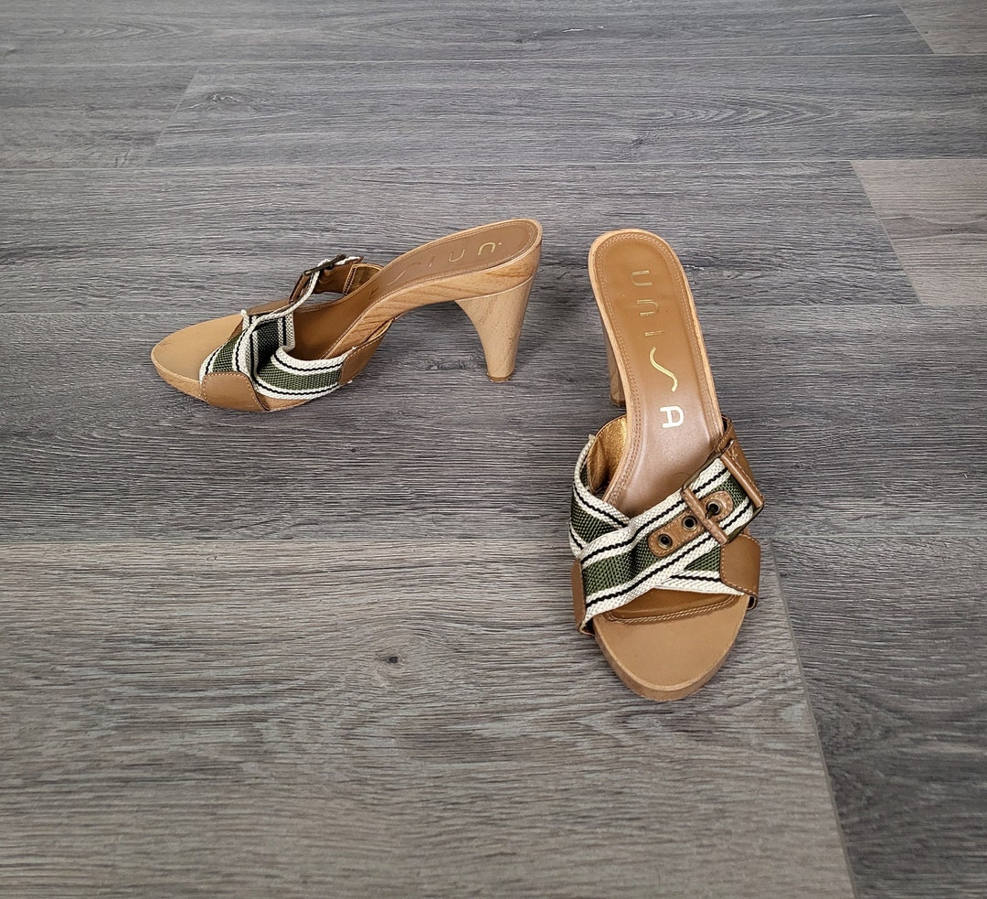 Canvas and Leather Heeled Platform Mules / Spanish Summer Shoes / Women ...