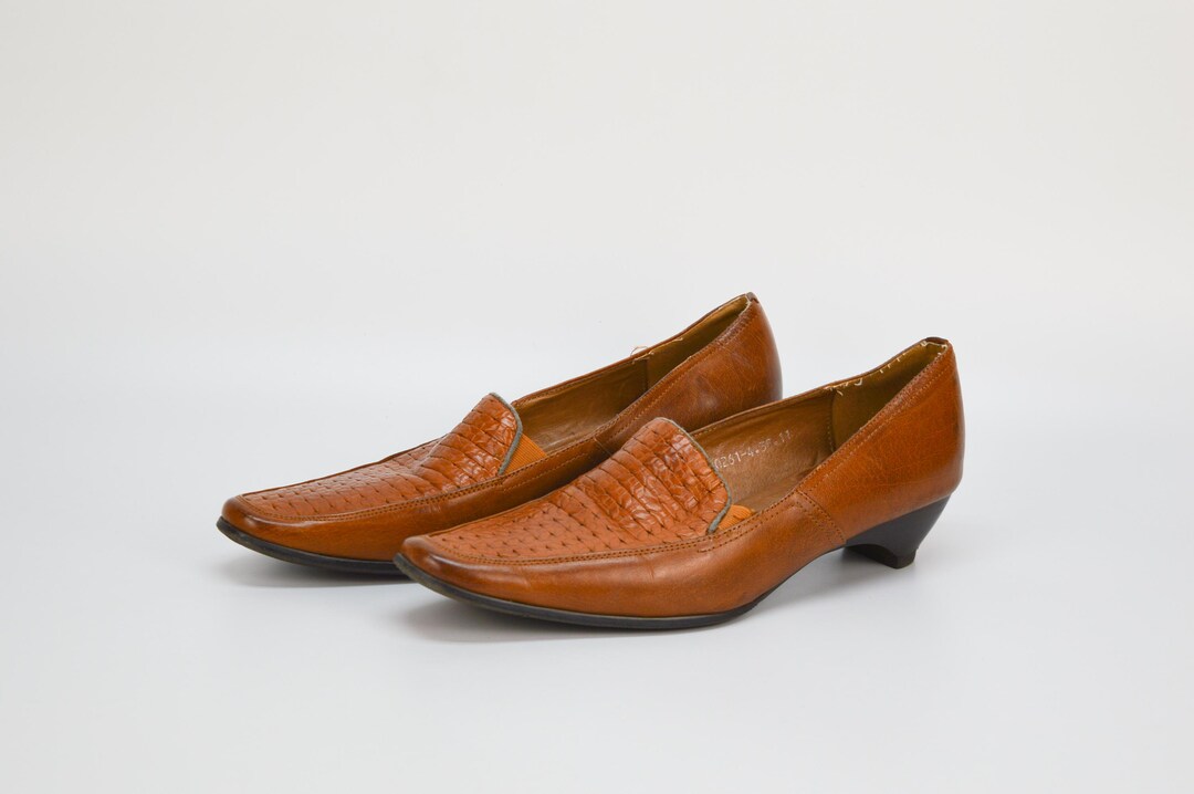 Vintage Leather Loafers in Cognac Brown | Perforated Low Heel Slip on ...