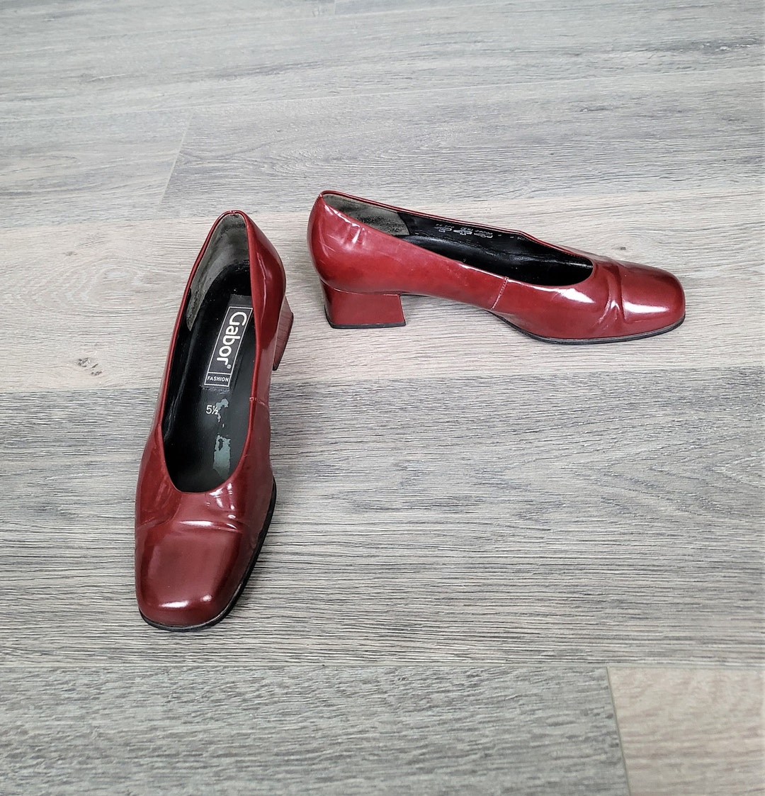 Vintage Dark Red Patent Leather Loafers / Womens Shoes With Block Heels ...