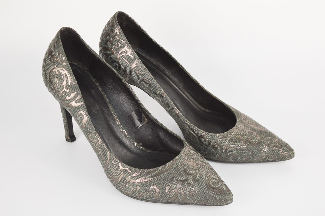 Leather Greenish Pumps Paisley Pattern | Embellished Reptile Pointy Toe ...
