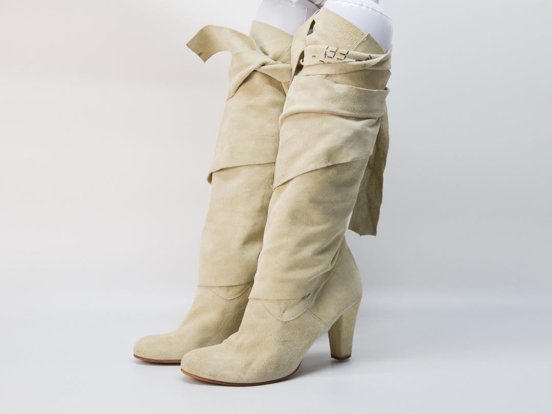 Suede Leather Wrap Boots in Cream Color | Round Toe High Cone Heel ...