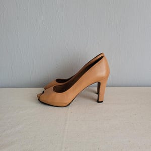 Vintage Tan Brown Leather Open Peep Toe Pumps High Heel Women Shoes ...