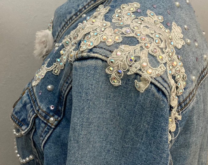Beaded Blue Jean Denim Women Jacket / Button up Embellished Blazer Long ...