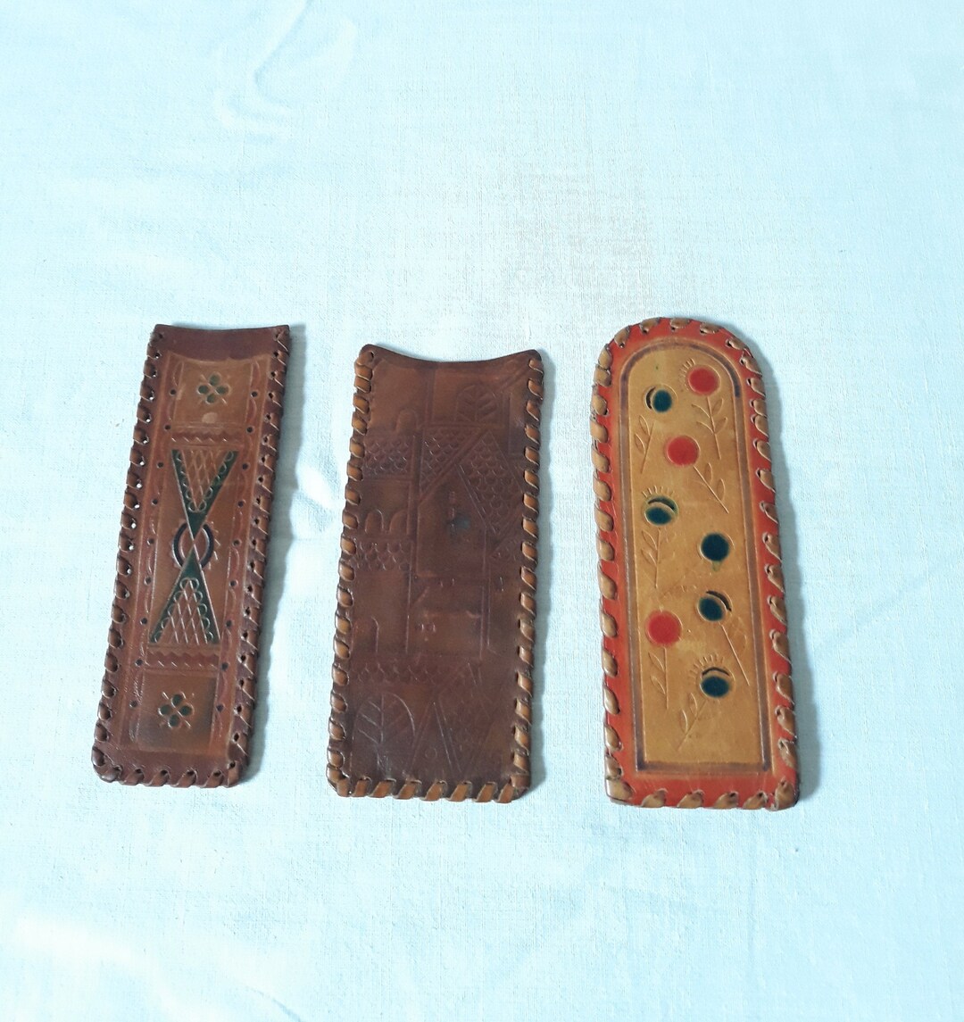 Vintage Tooled Leather Cases Set: 70s Embossed Folk Art - Etsy