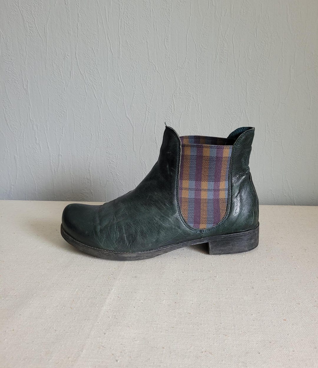 Vintage Dark Green Leather Chelsea Booties With Plaid Accent (EU39 ...