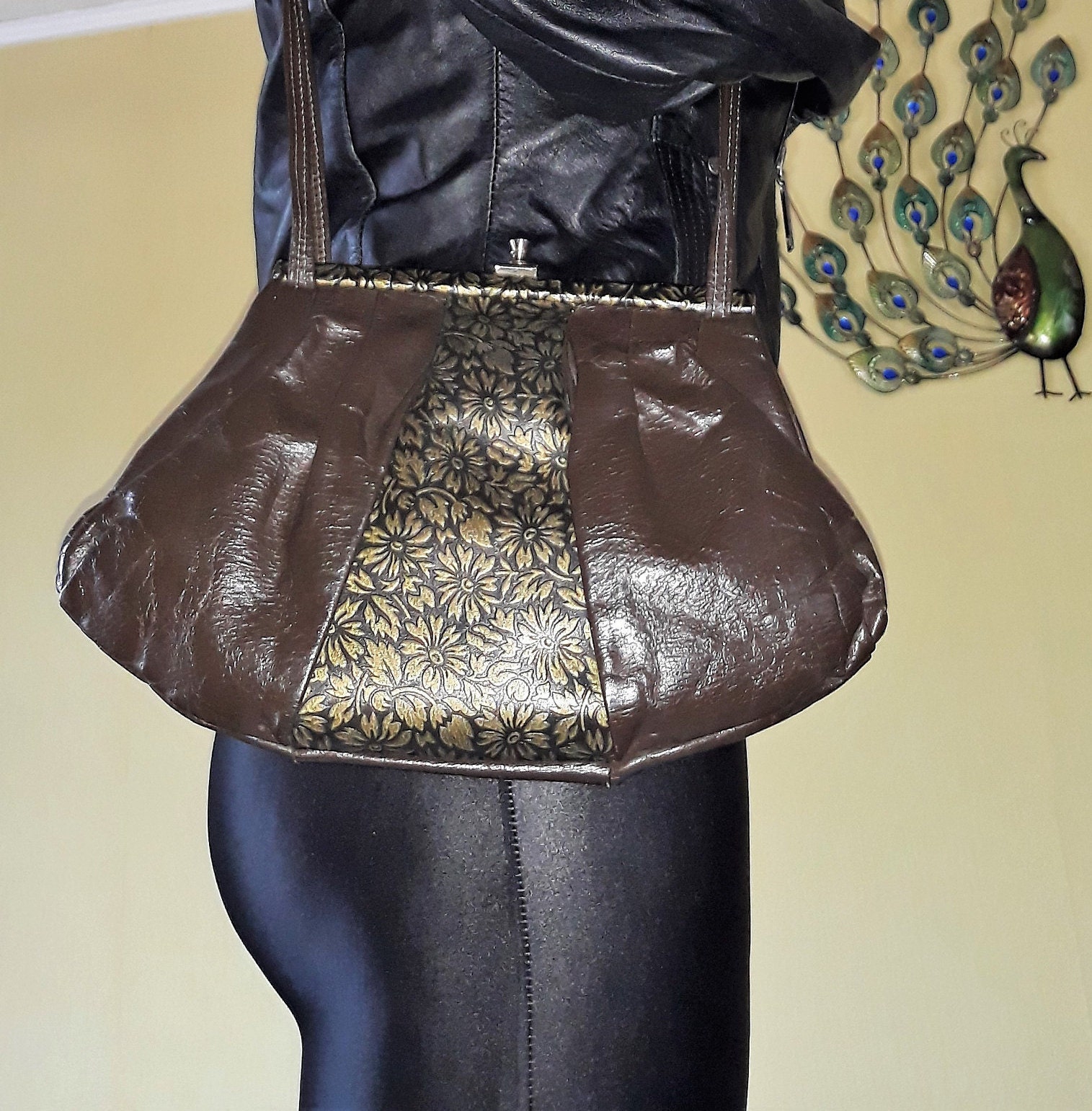 Vintage Shoulder Bag 80s Purse Choco Brown Floral Vegan Leather Handbag ...