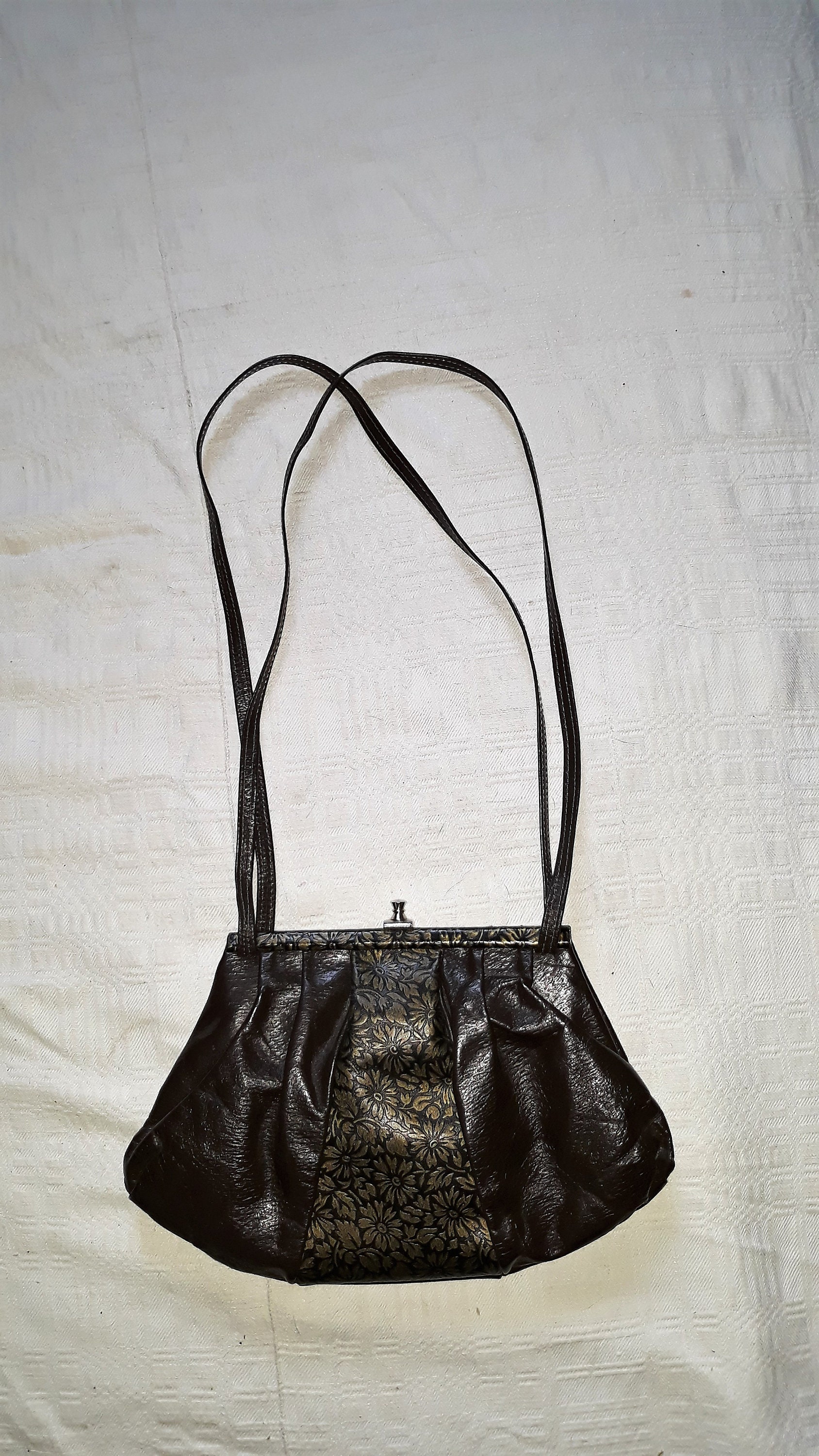 Vintage Shoulder Bag 80s Purse Choco Brown Floral Vegan Leather Handbag ...