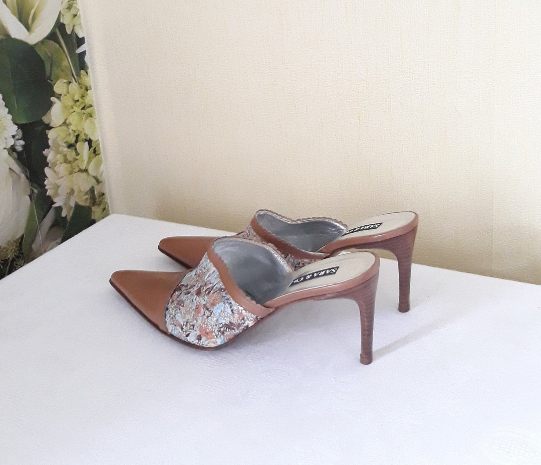 Vintage Italian Leather Brown Mules Women Shoes Stiletto Heels Pointy ...