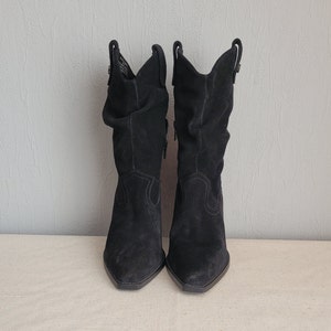Vintage Black Suede Mid Calf Cowgirl Boots for Women Chunky Heel / Size ...