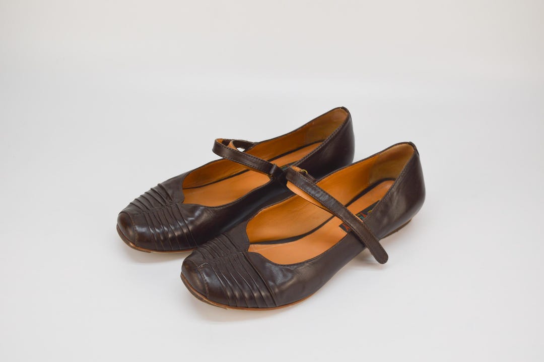 Vintage Leather Mary Janes in Dark Brown | Square Toe Low Falt Shoes ...