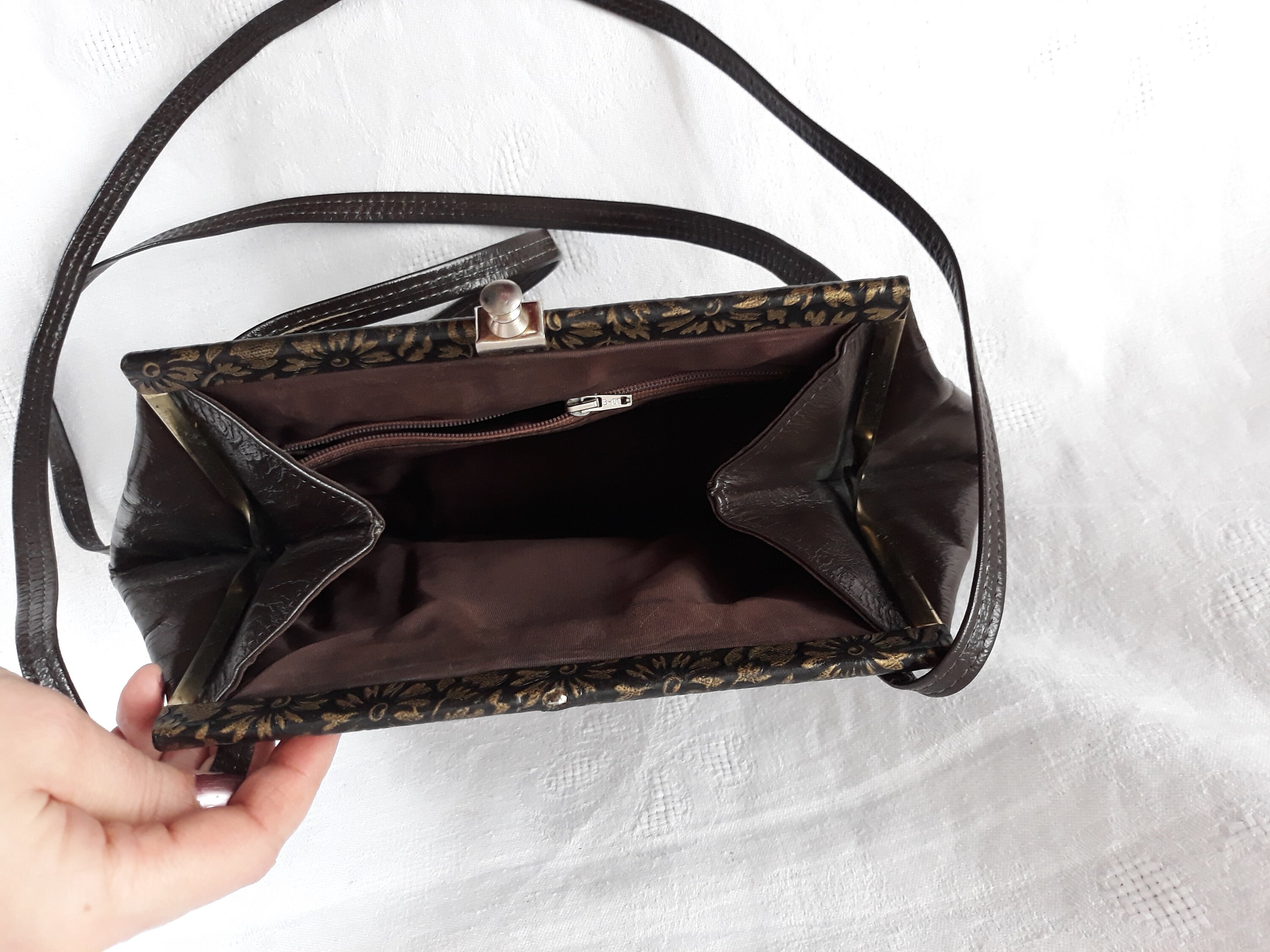 Vintage shoulder bag 80s purse choco brown gold floral vegan | Etsy