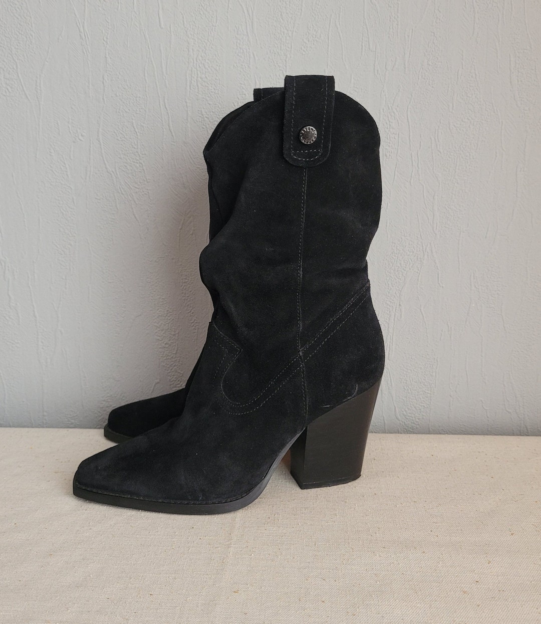 Vintage Black Suede Mid Calf Cowgirl Boots for Women Chunky Heel / Size ...